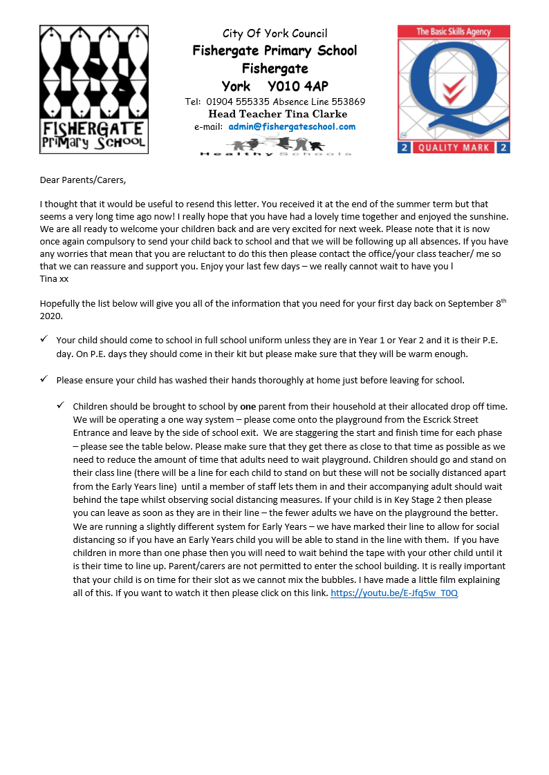 September Return Letter | Fishergate Primary School