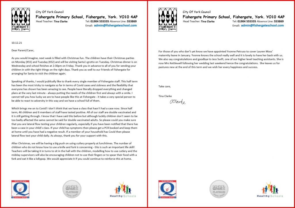 Letter to Parents and Carers 10-12-21 | Fishergate Primary School