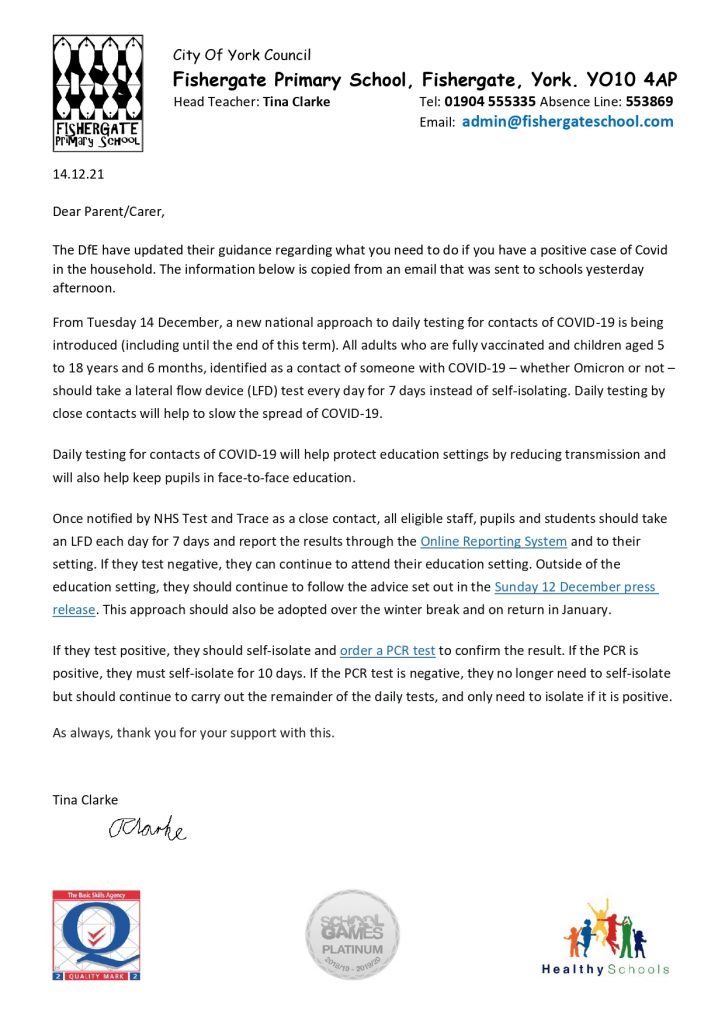 Letter to Parents & Carers 14-12-21 – updated Covid 19 guidance ...