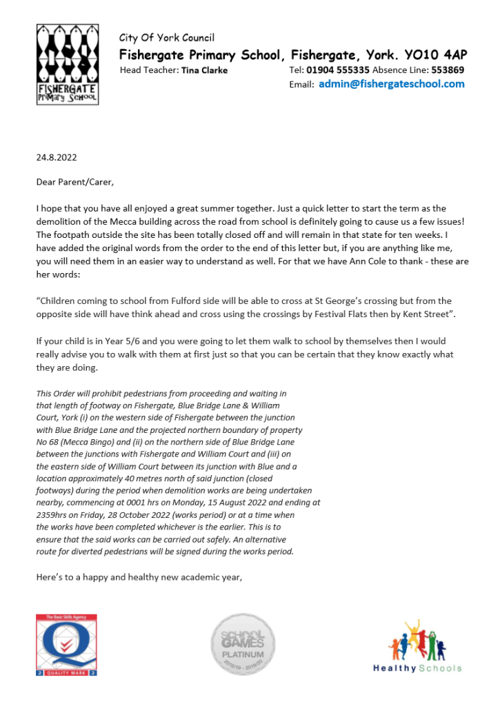 Letter to Parents & Carers 24-8-22 | Fishergate Primary School