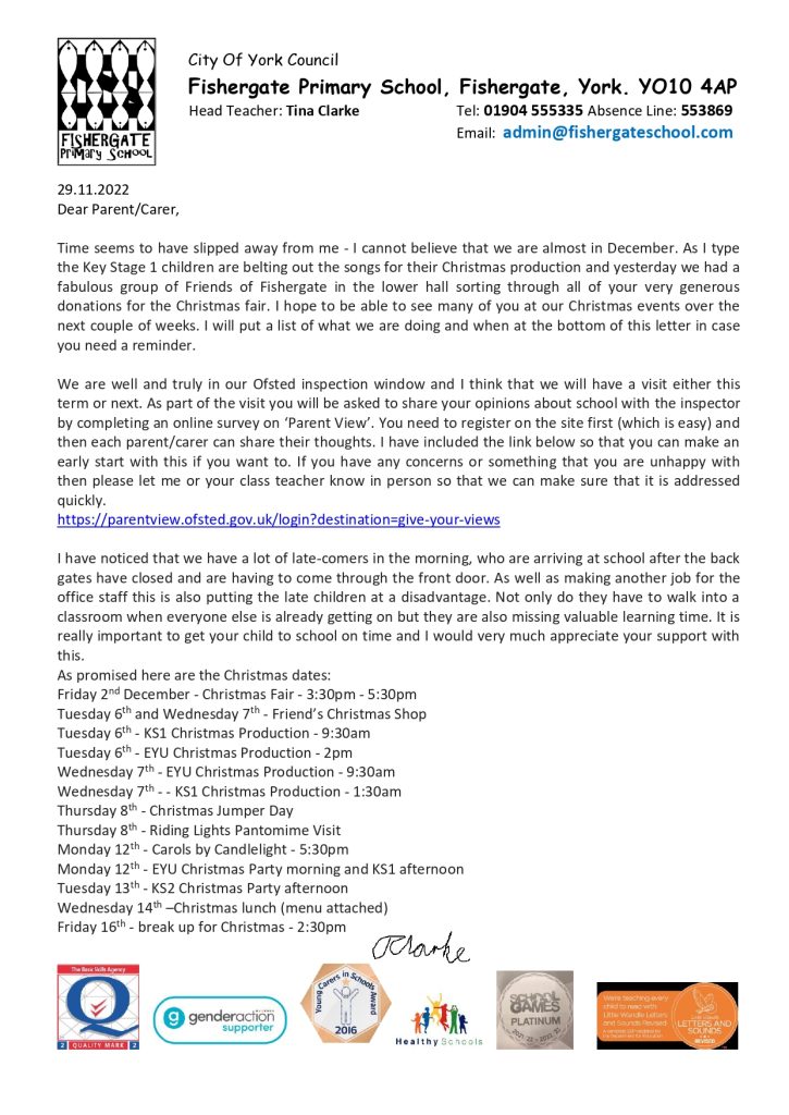 Letter to Parents & Carers 29/11/22 | Fishergate Primary School