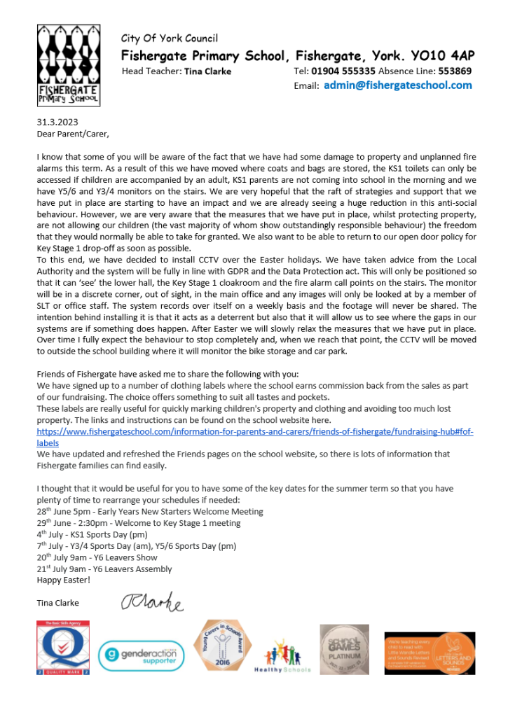 Letter to Parents & Carers 31/3/23 | Fishergate Primary School