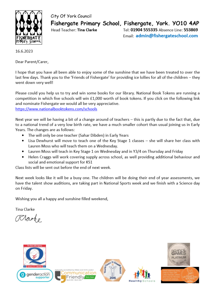 Letter to Parents & Carers 16/6/23 | Fishergate Primary School